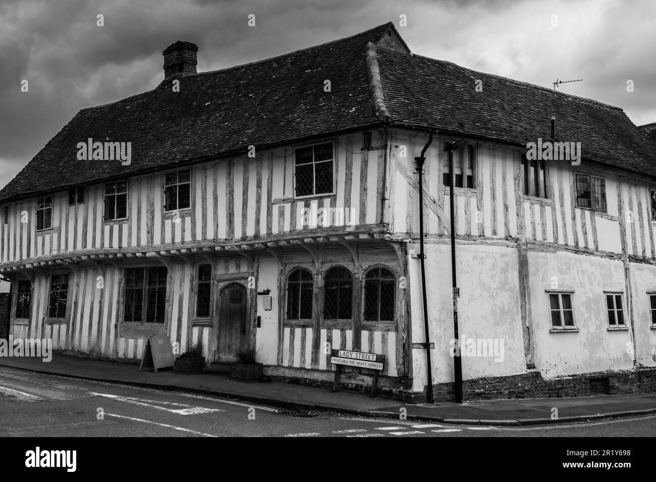The 15th century Old Wool Hall, now a wine bar and kitchen, Lavenham ...