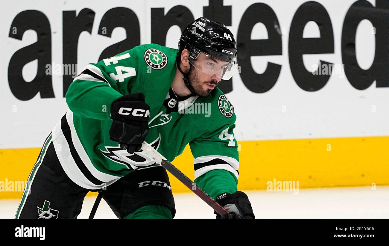 Dallas Stars defenseman Joel Hanley makes a pass during Game 7 of an ...