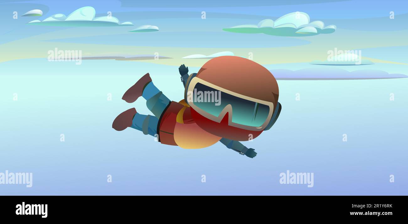 Skydiver flying down sky. Free float. Cartoon style character ...