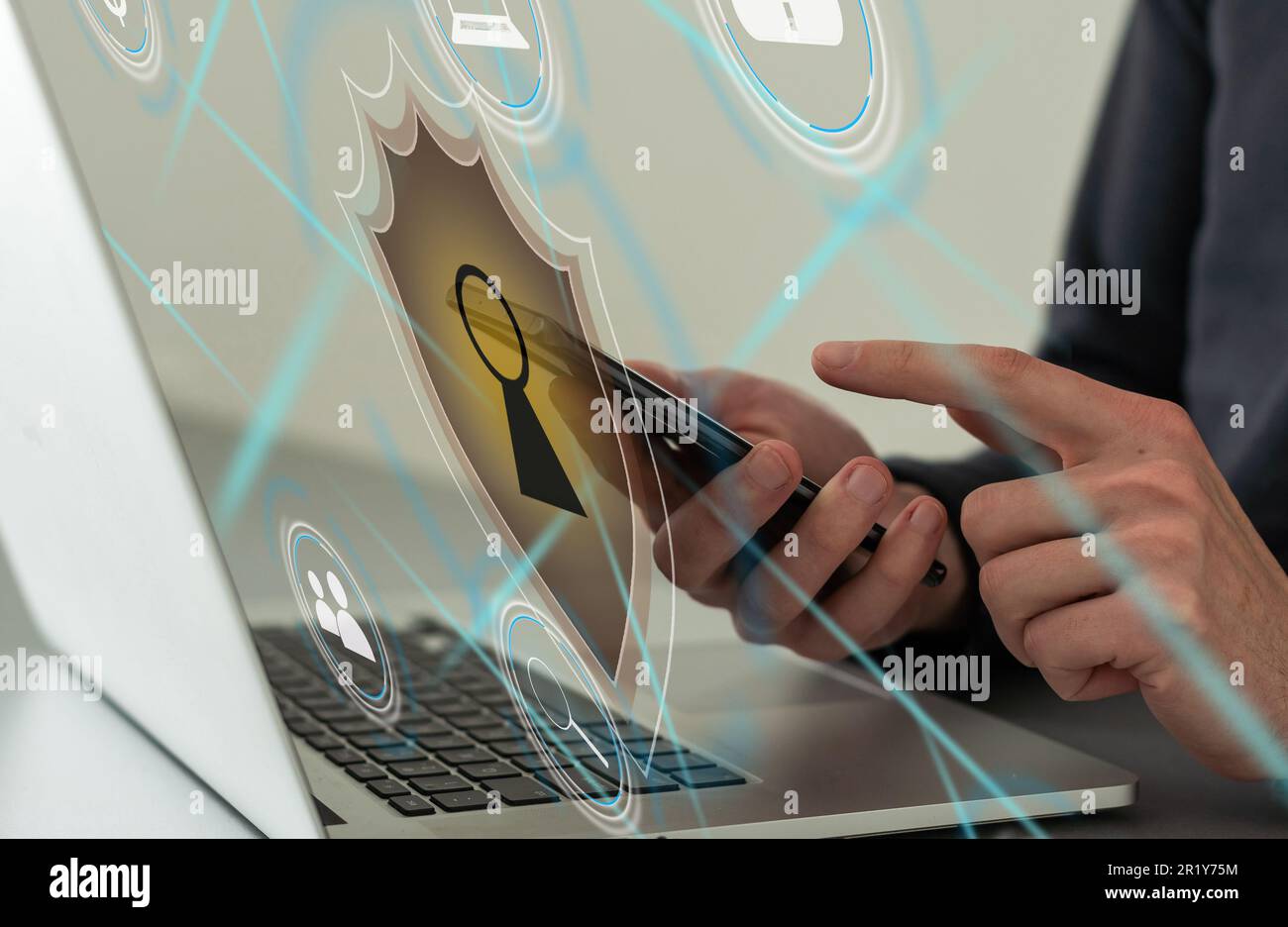 Cyber security concept, Person hand touching cyber security icon on ...