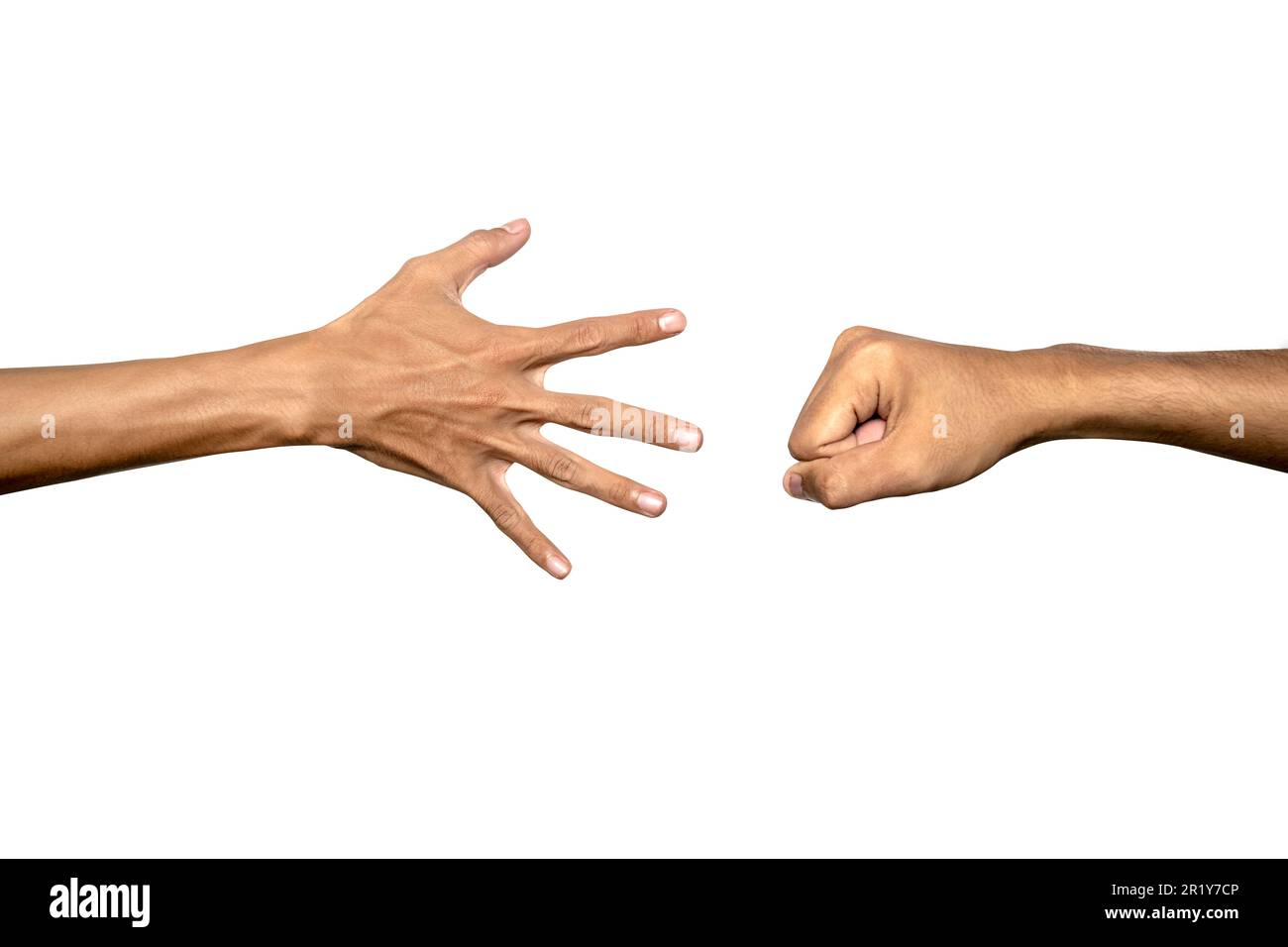 Playing rock paper scissors isolated over white background Stock Photo ...