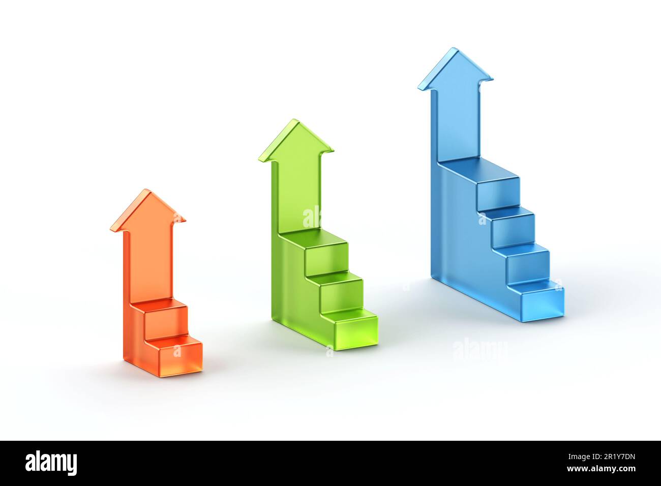 Isometric red green blue stepped vertical arrow going up on white ...