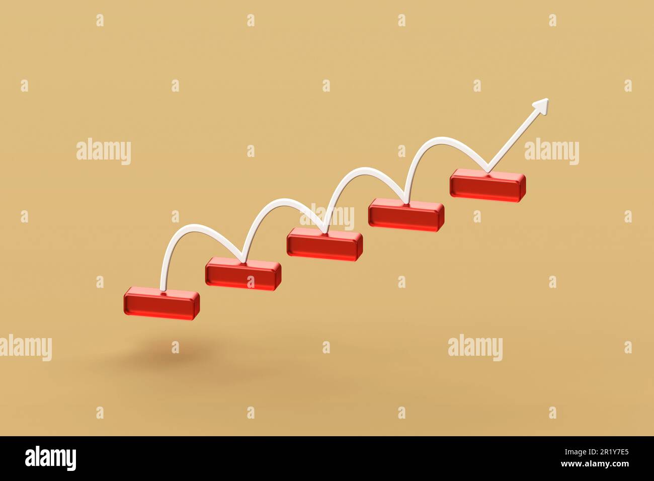 Red glass block stacking as step stair with white curved arrow up on ...