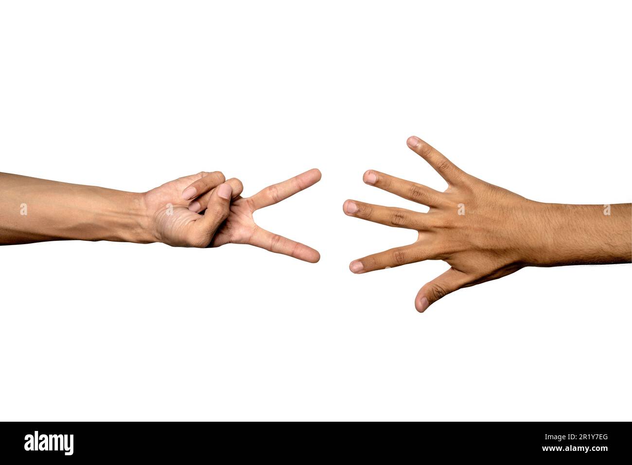 Playing rock paper scissors isolated over white background Stock Photo ...