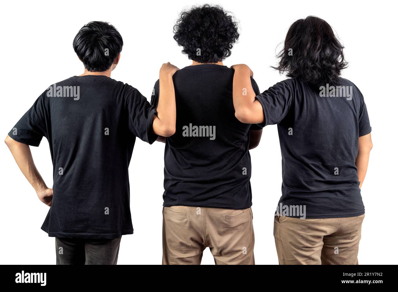 Rear view of three men standing isolated over white background Stock ...