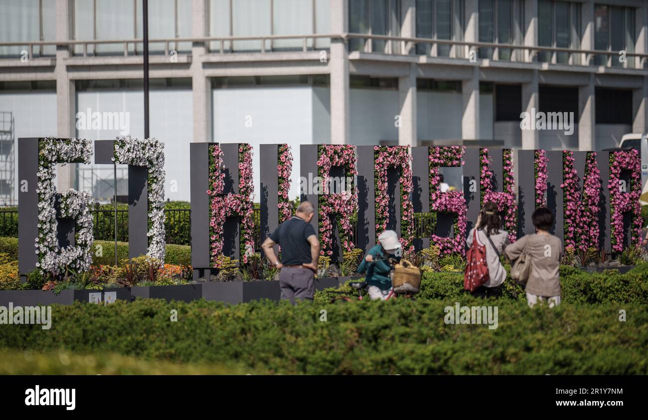 Hiroshima, Japan. 16th May, 2023. A G7 Hiroshima sign, decorated with ...