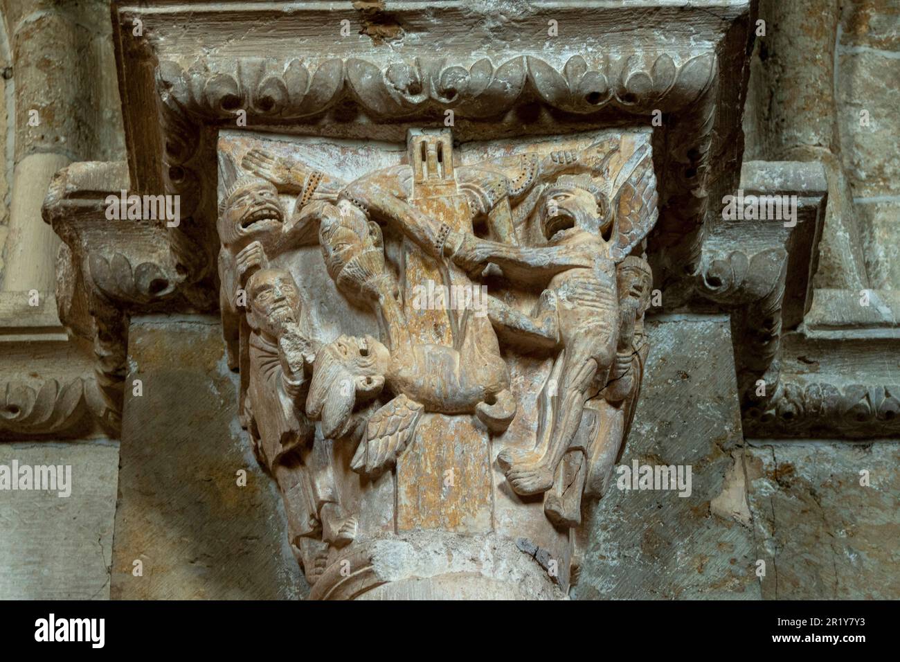 Vezelay. The sculptures atop the caoitals of Basilica of Sainte Mary ...
