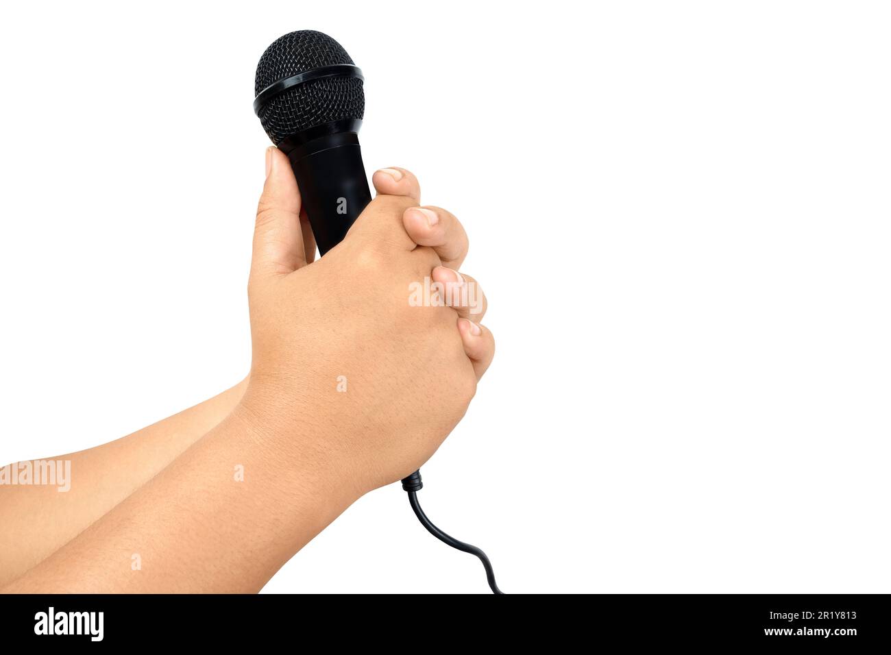Human hand holding microphone isolated over white background Stock ...
