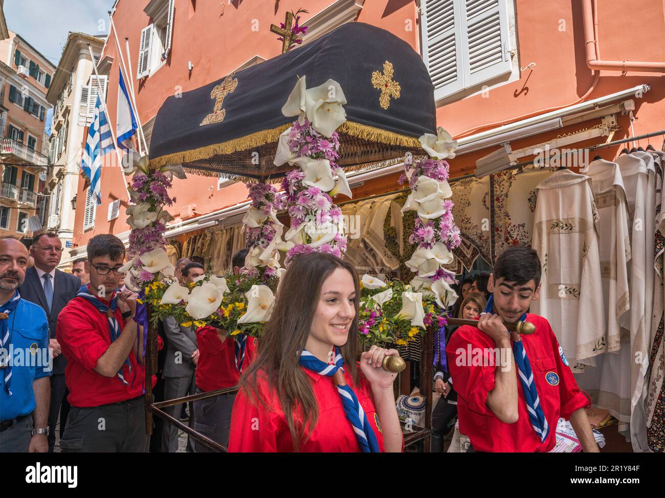 Scouts carrying the epitaphios in Campiello (Old Town of Corfu) section ...