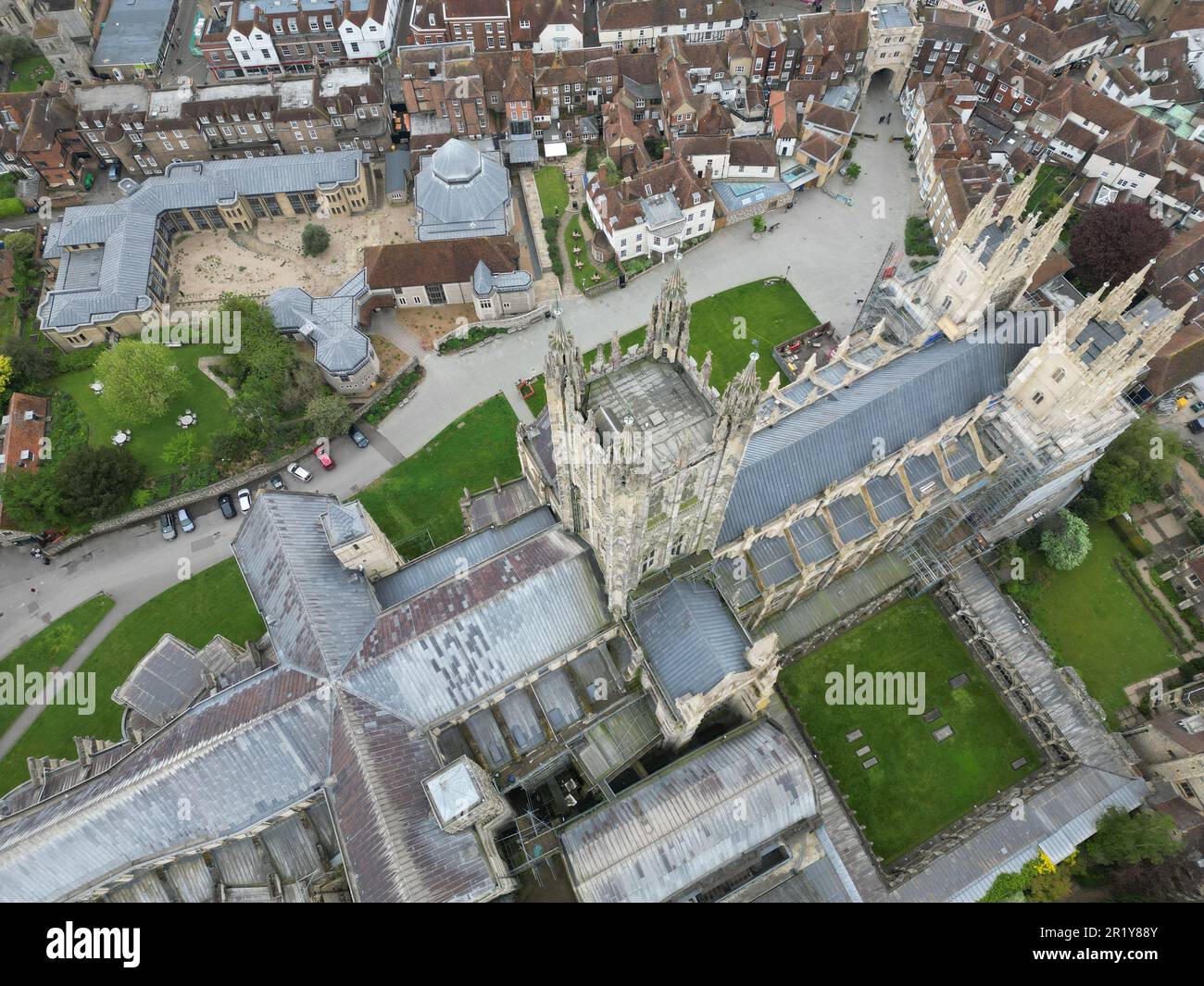 An aerial shot of Canterbury Cathedral, the iconic English cathedral ...