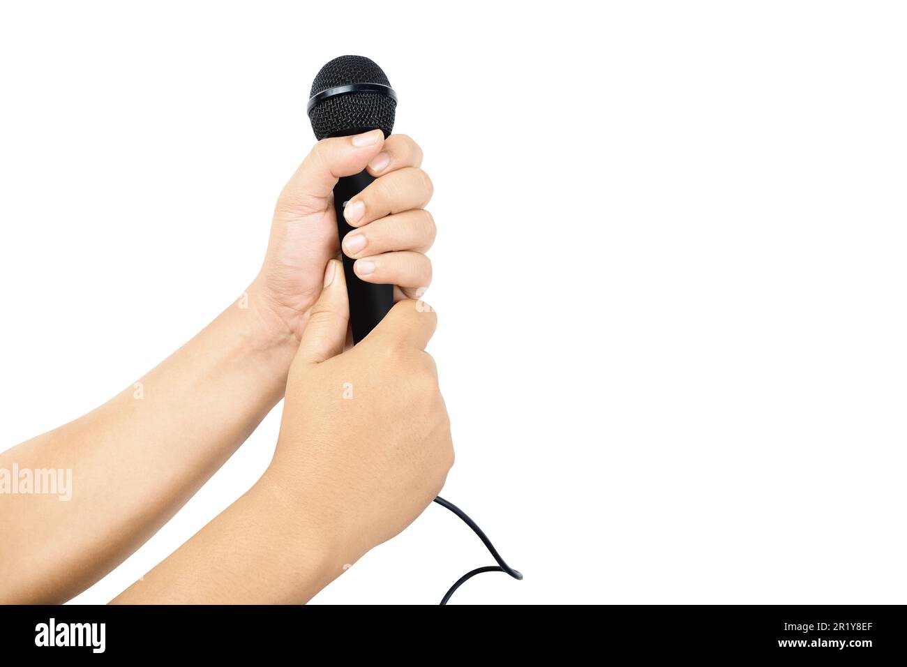 Human hand holding microphone isolated over white background Stock ...