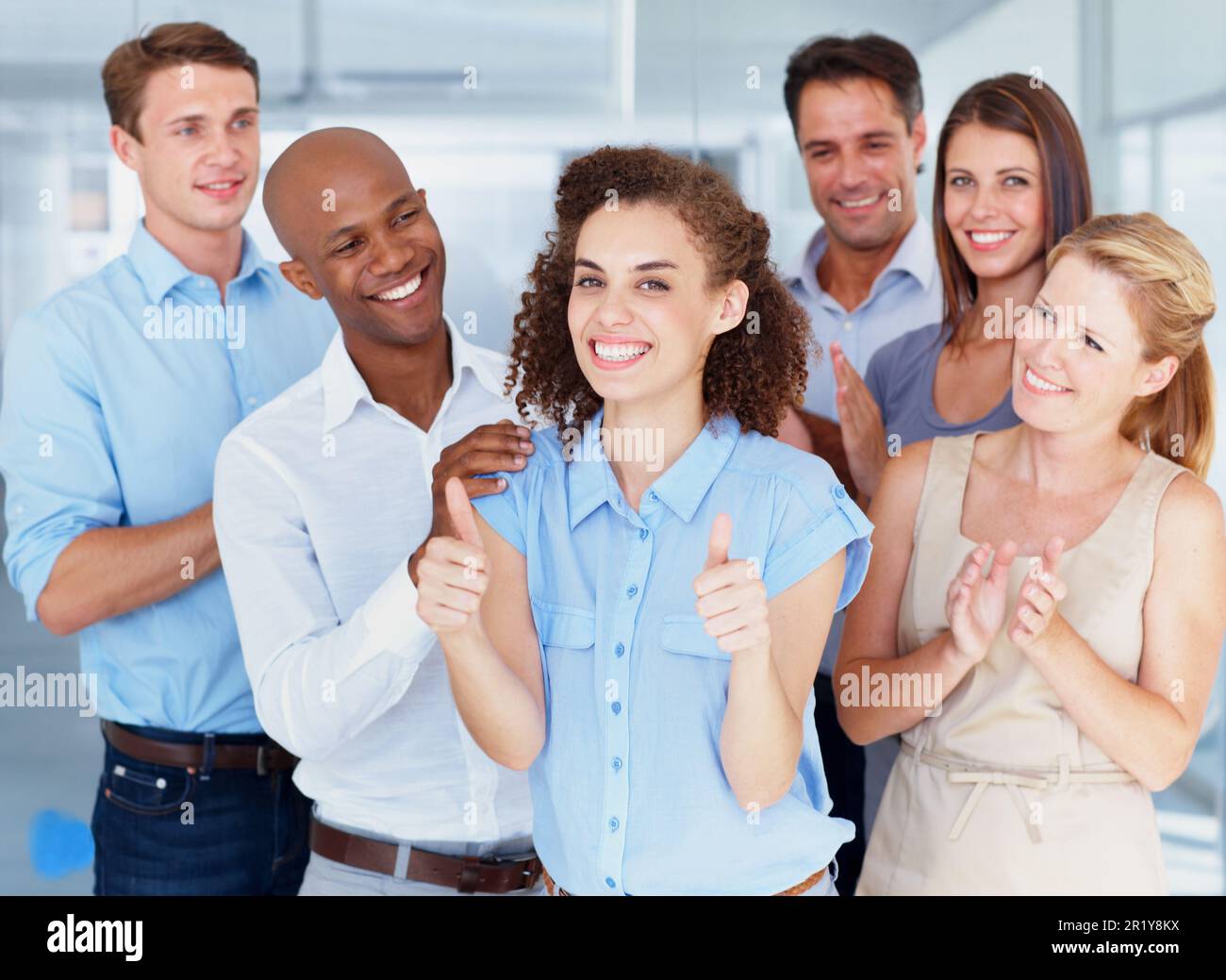 Business people, portrait smile and thumbs up for success, promotion or ...