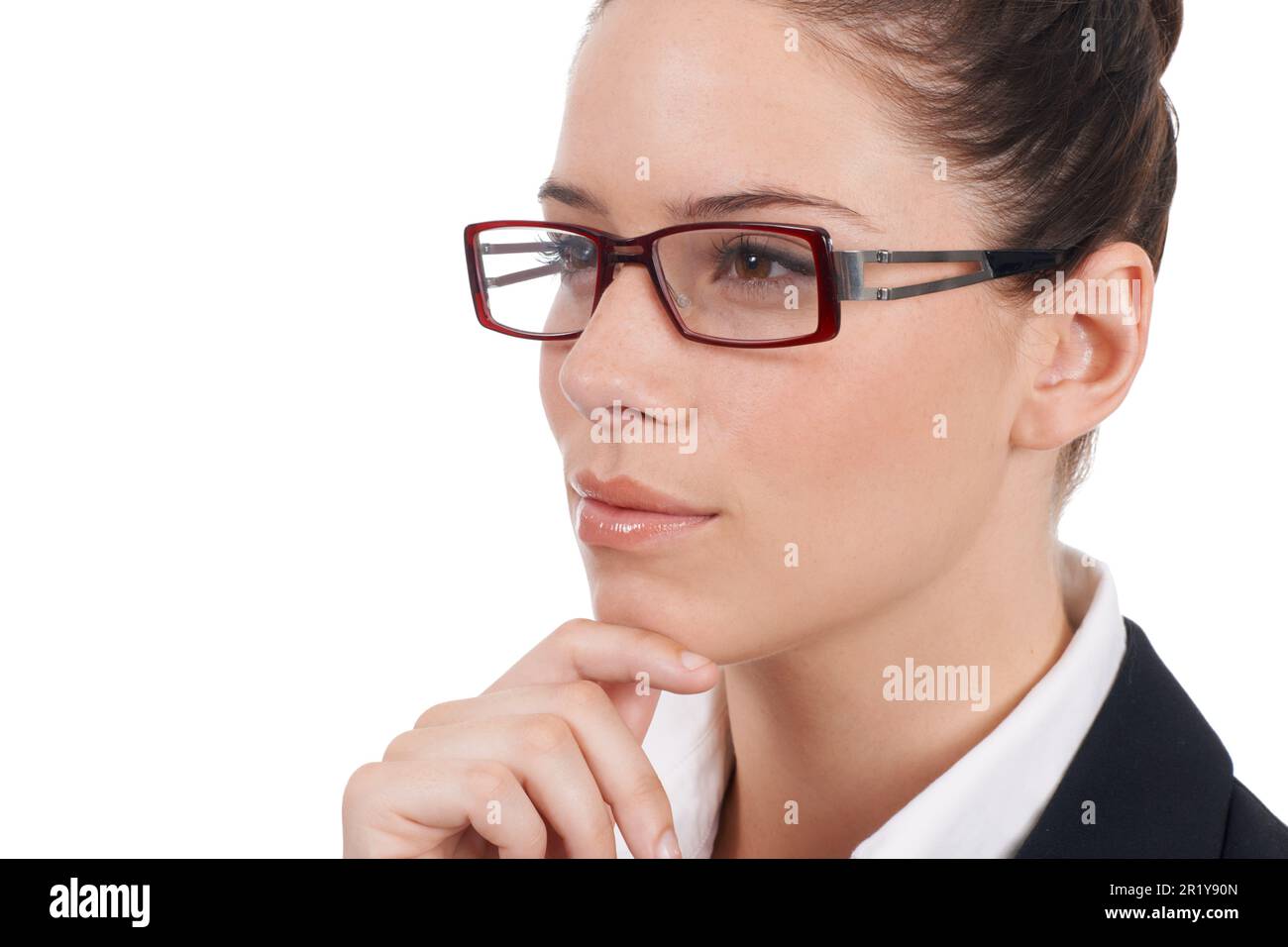 Thinking face, corporate and serious woman focus on question, choice or ...