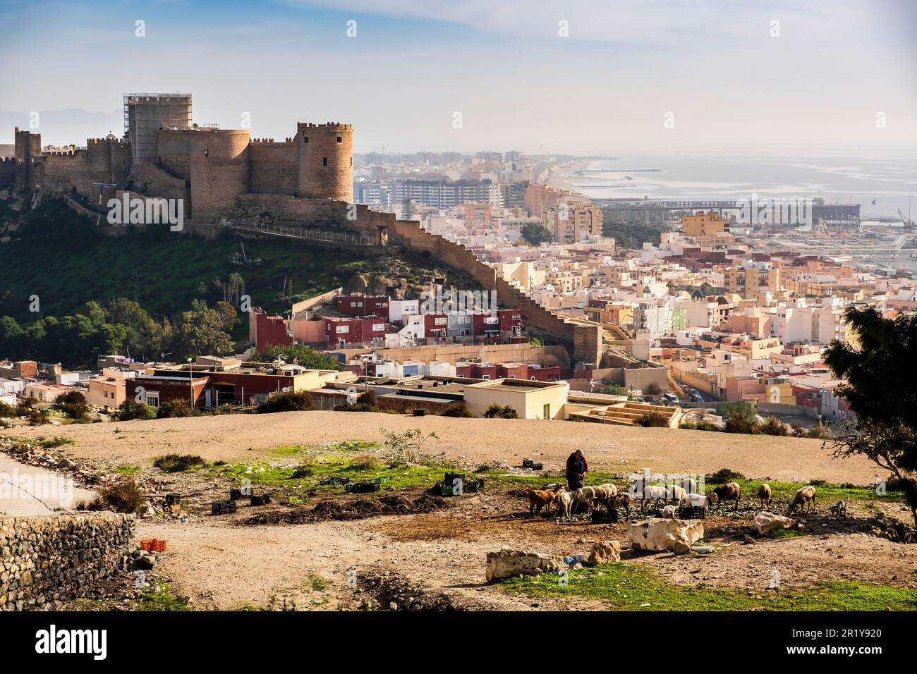 Great view of the historical Alcabaza de Almería or Almeria Castle, a ...