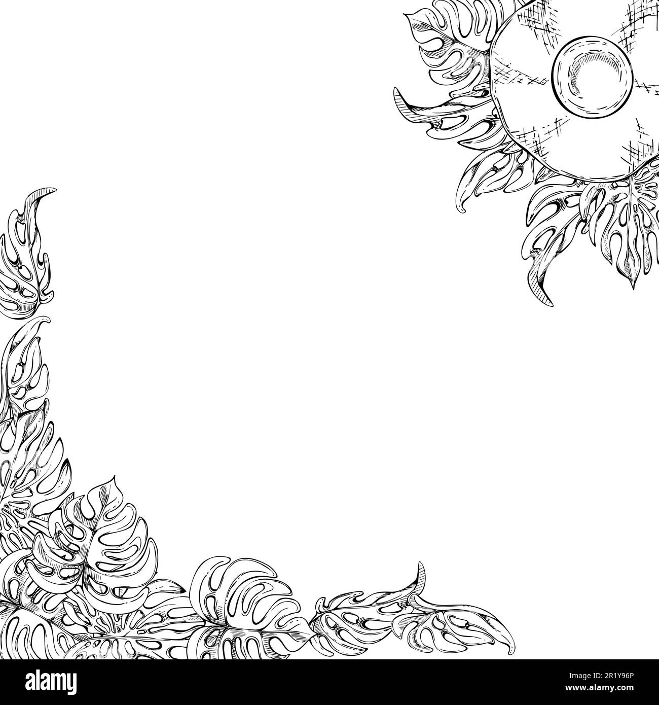 Hand drawn vector ink exotic monstera leaves and hibiscus flowers ...