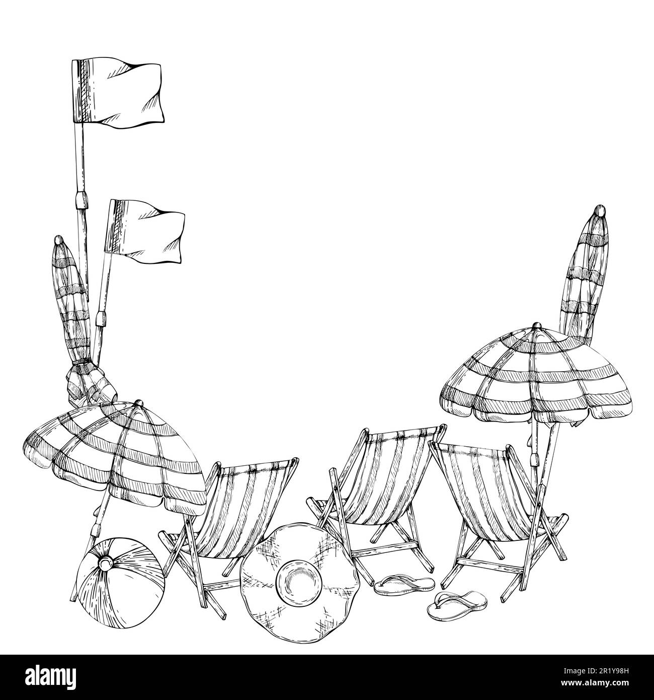 Hand drawn vector ink beach striped accessories bag chair umbrella ...