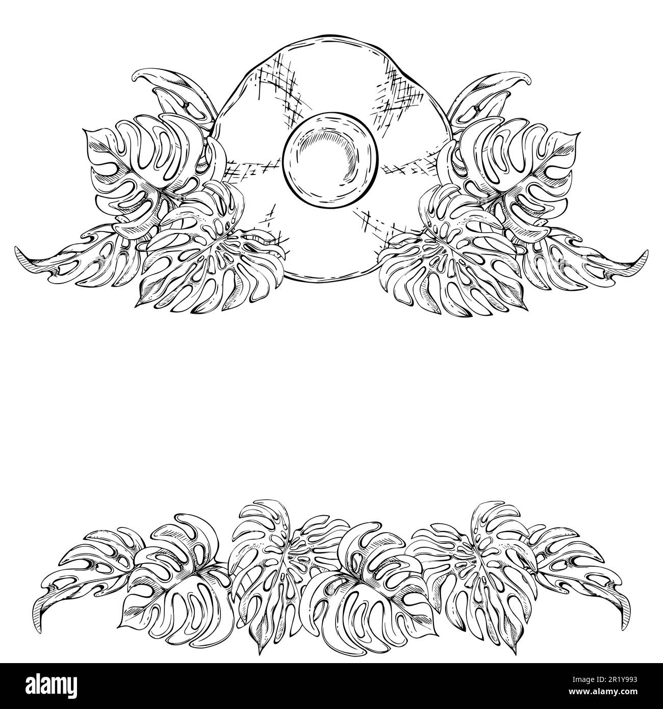 Hand drawn vector ink exotic monstera leaves and hibiscus flowers ...