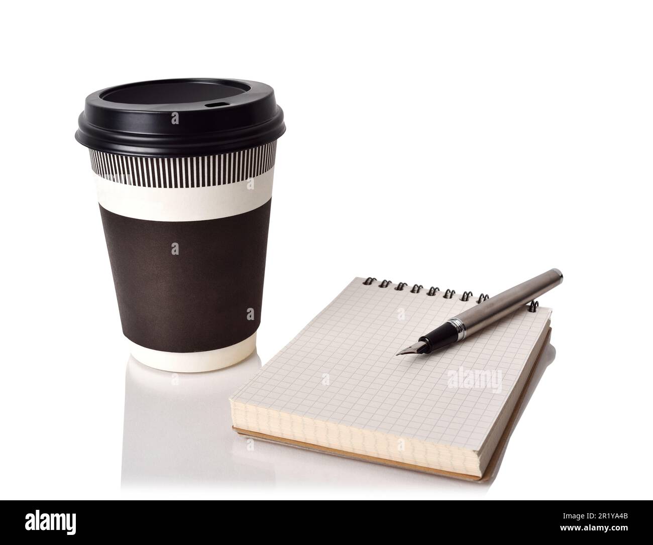 disposable coffee cup, notebook and ink pen on white background Stock ...