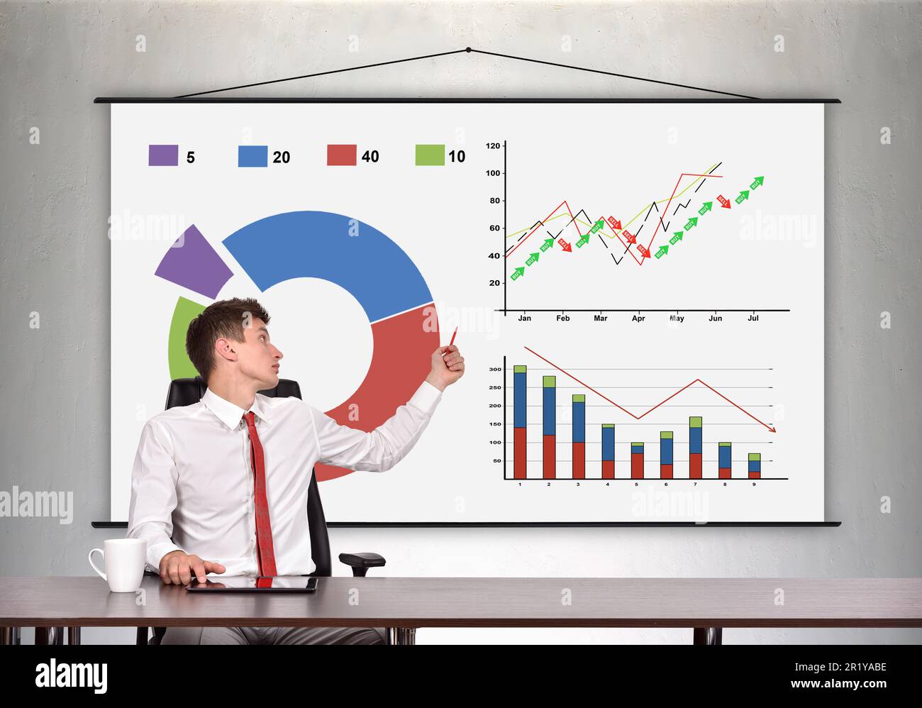 businessman showing a business charts on poster Stock Photo - Alamy