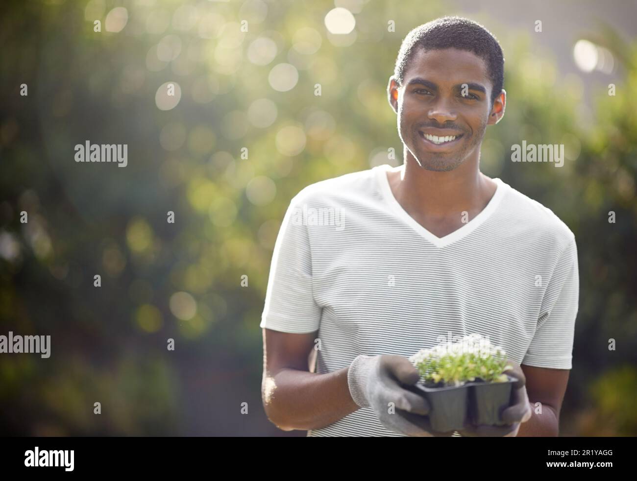 Black man, sustainability and plant growth in nature for nature ...
