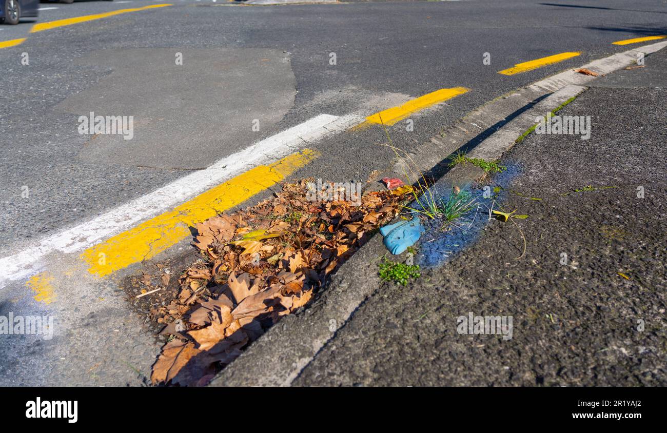 Blocked street storm-water drain after storm in Tauranga street Stock ...