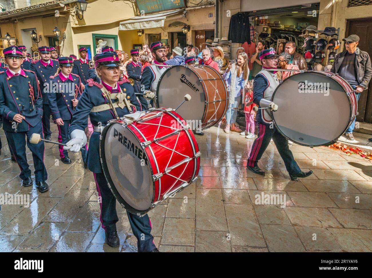 Marching band, performing at Nikiforou Theotoki street in Campiello ...