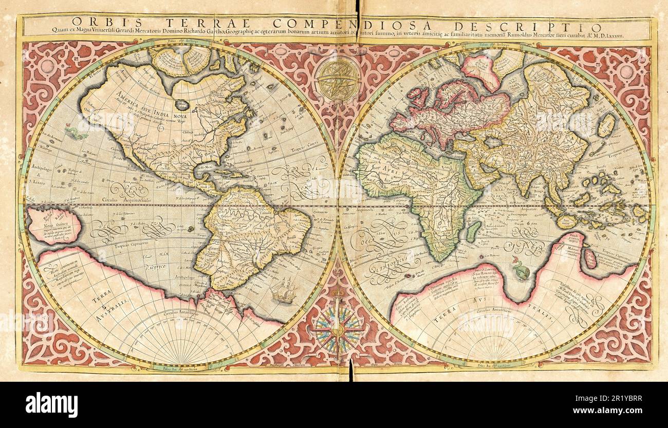 Atlas, map from 1623, the world, digitally restored reproduction from an engraving by Gerhard ...