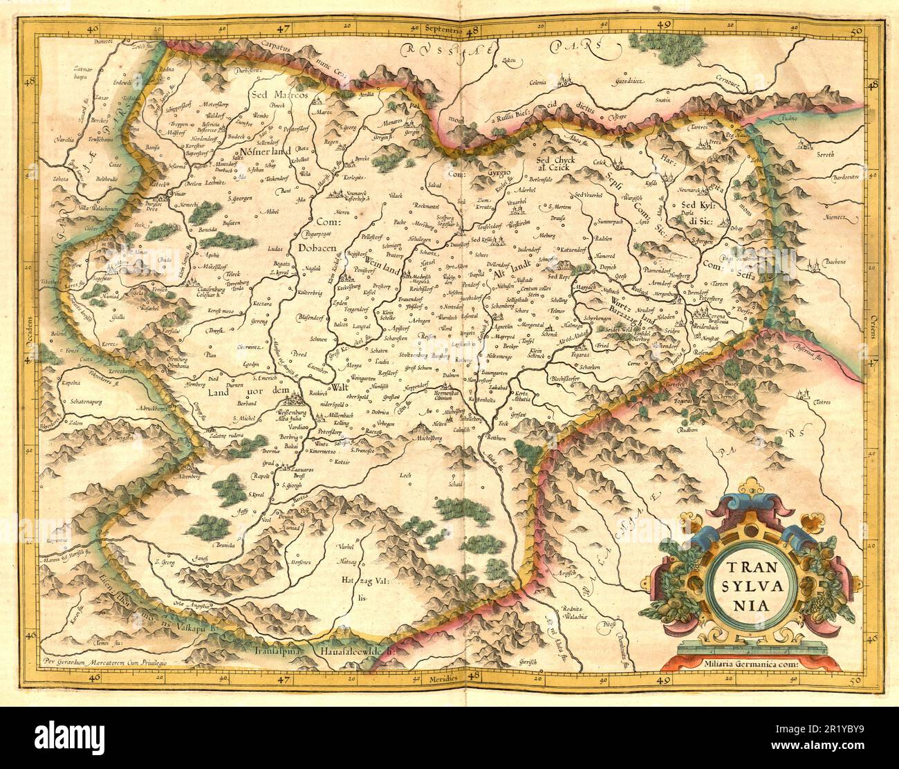 Atlas, map from 1623, Transylvania, Romania, digitally restored reproduction from an engraving ...