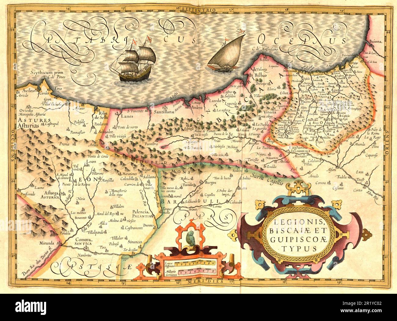 Atlas, map from 1623, Legionis Biscaiae et Guipiscoae, North of Spain ...