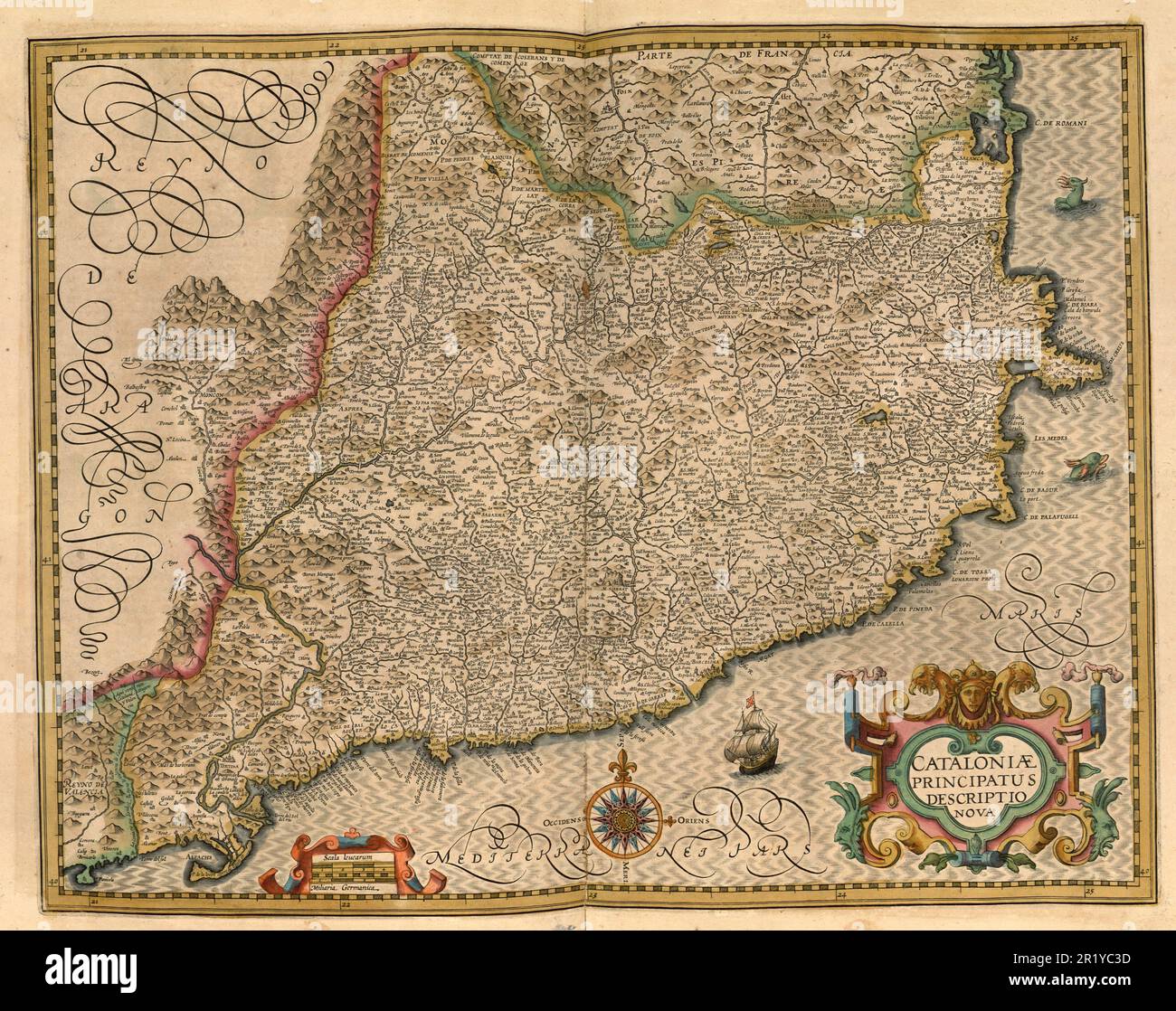 Atlas, map from 1623, Catalonia, Spain, digitally restored reproduction ...