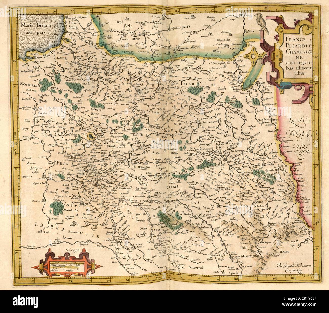 Atlas, map from 1623, Picardy and Champagne, France, digitally restored ...
