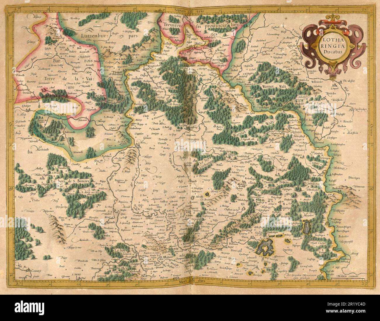 Atlas, map from 1623, Lorraine, France, digitally restored reproduction ...
