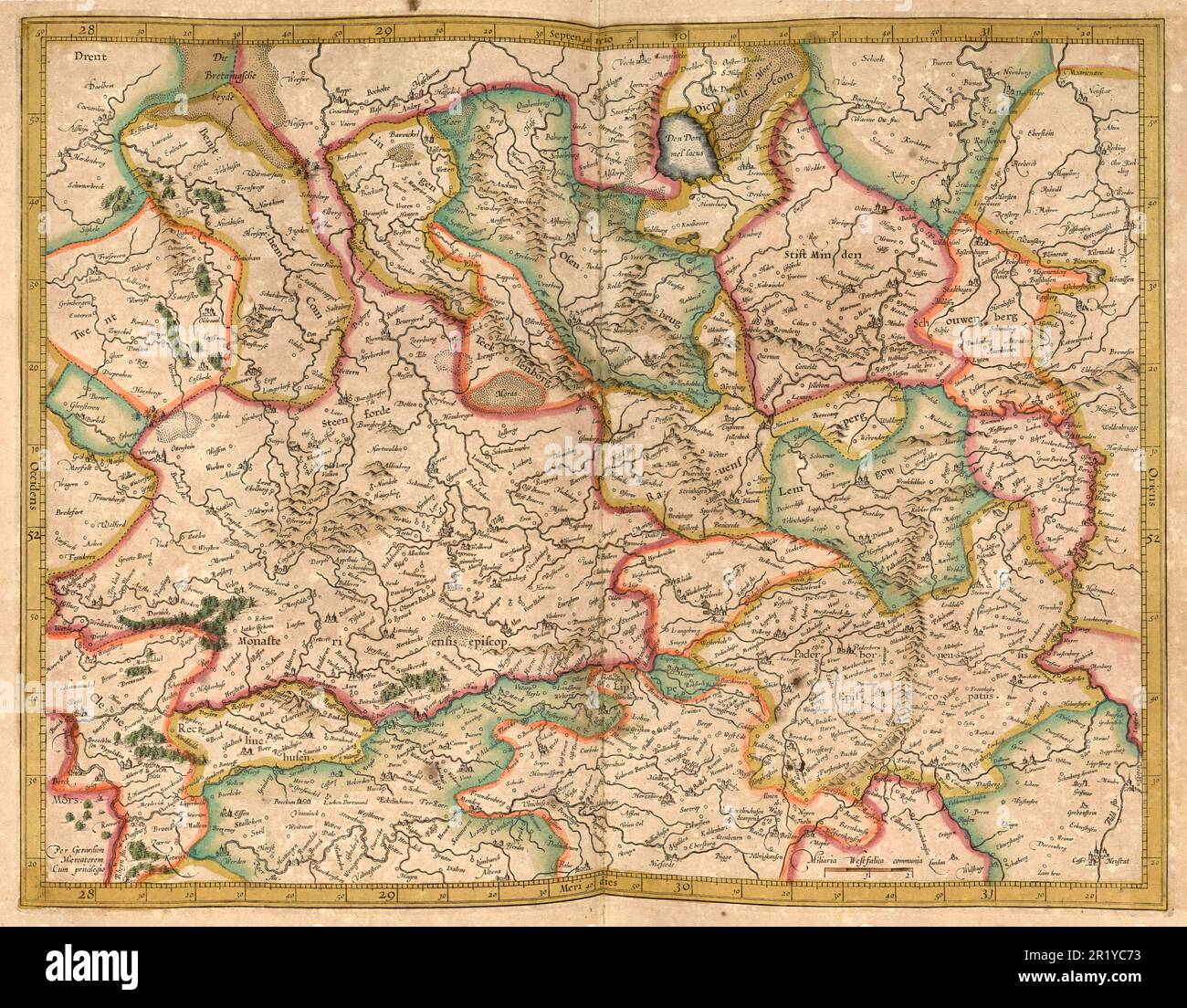 Atlas, map from 1623, Westphalia, Germany, digitally restored ...