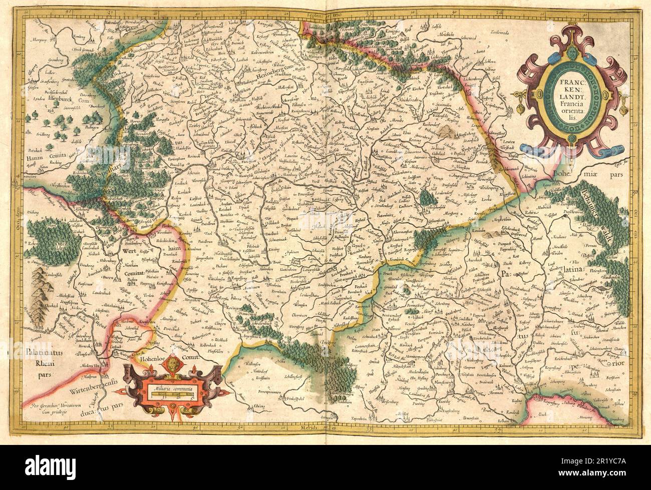 Atlas, map from 1623, the North of Bavaria, Germany, digitally restored ...