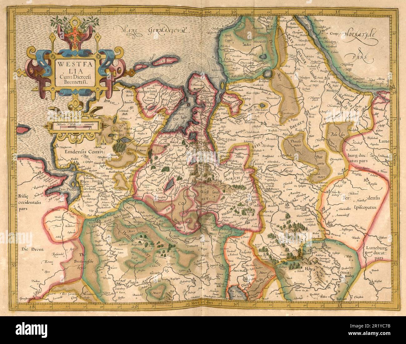 Atlas, map from 1623, Westphalia, Germany, digitally restored ...