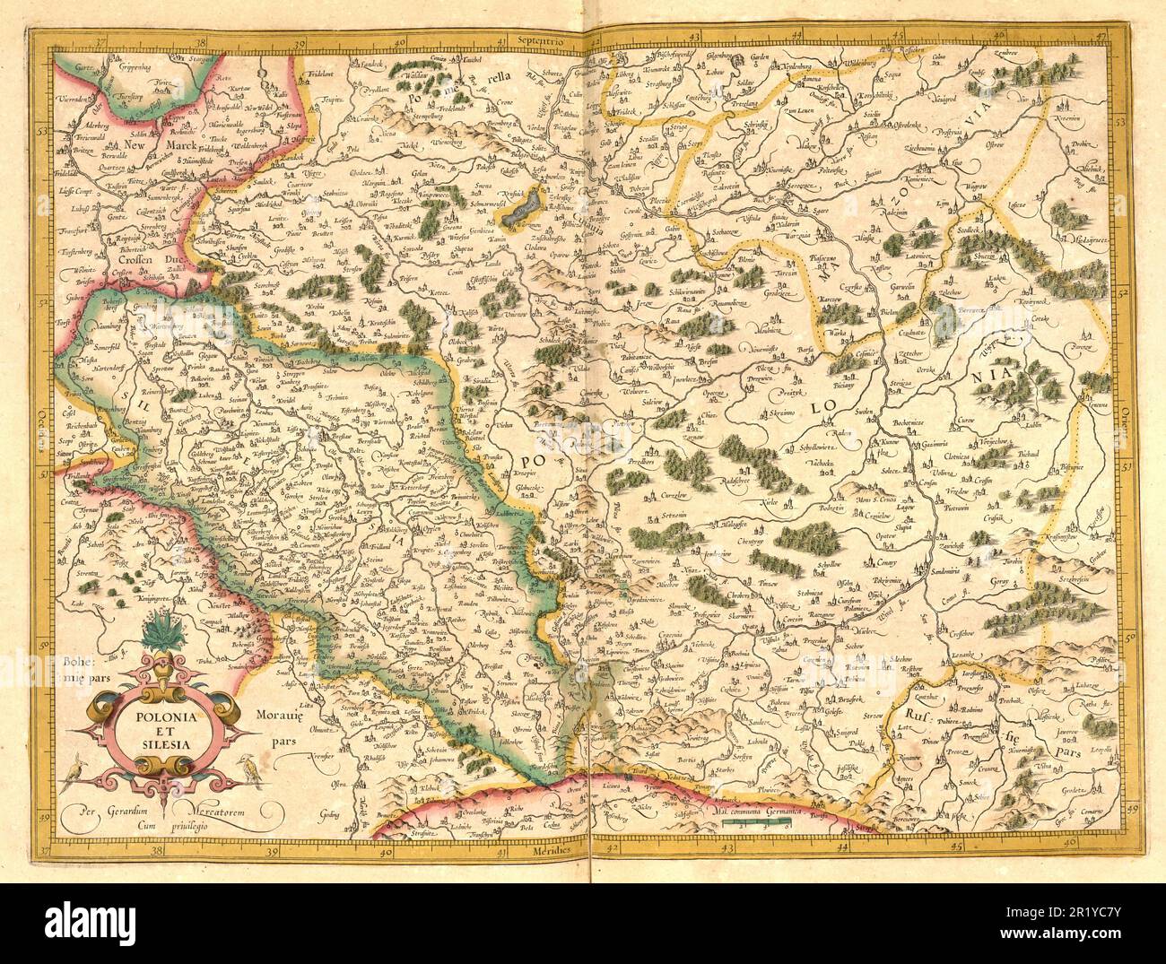 Atlas, map from 1623, Silesia, Poland, Germany, digitally restored ...