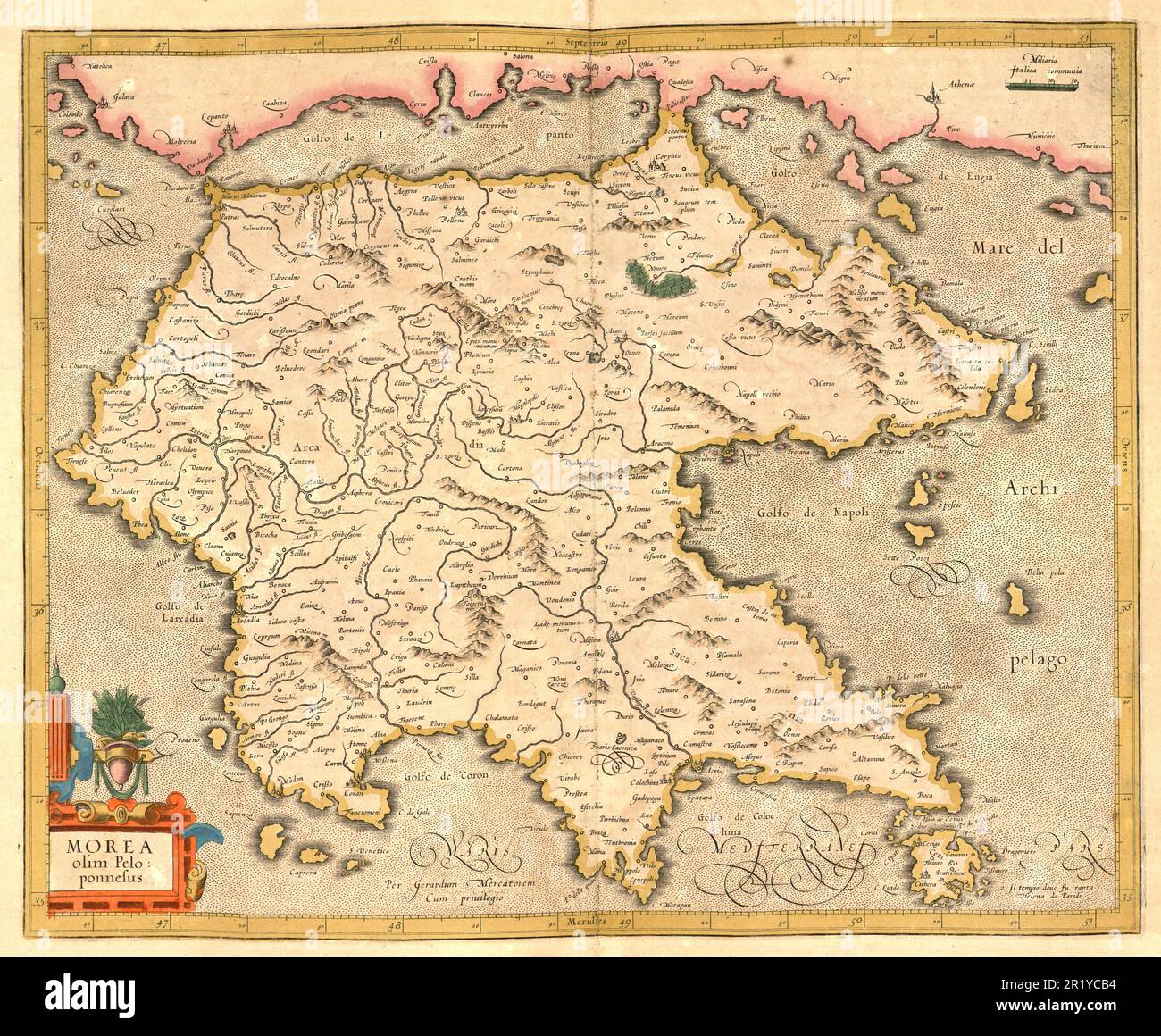 Atlas, map from 1623, Morea, Greece, digitally restored reproduction ...