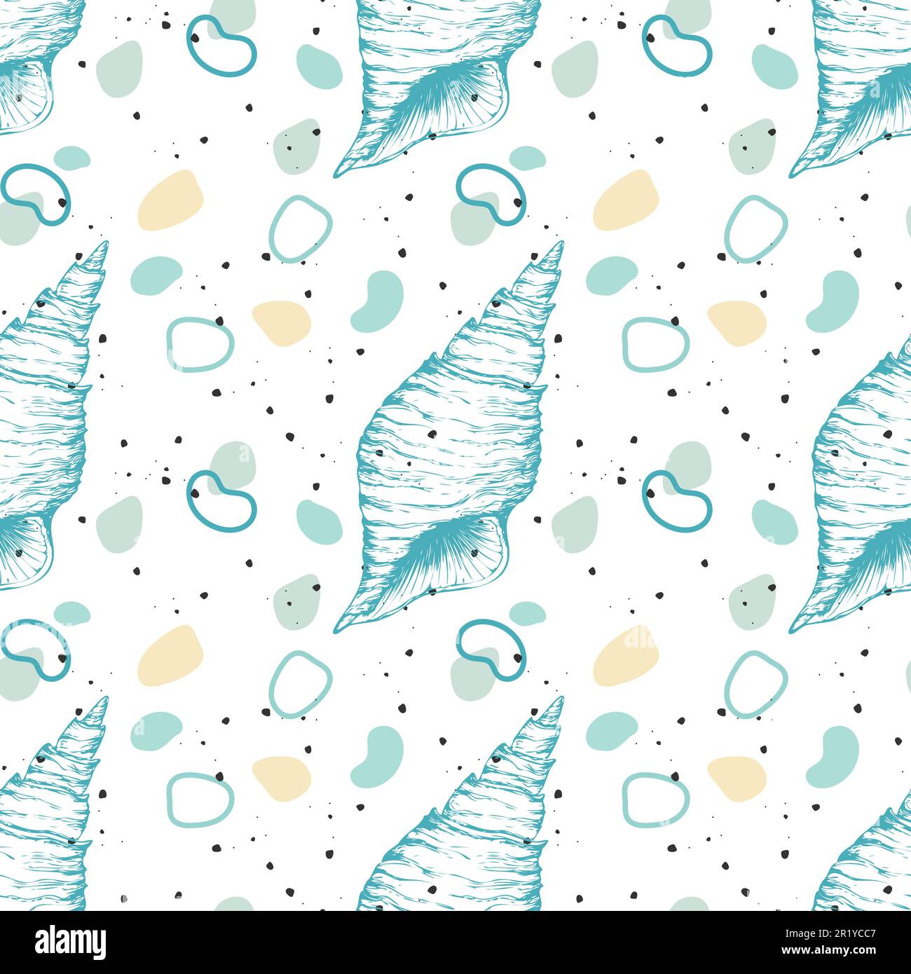 Marine oceanic pattern with blue Seashell hand drawn. Vector ...