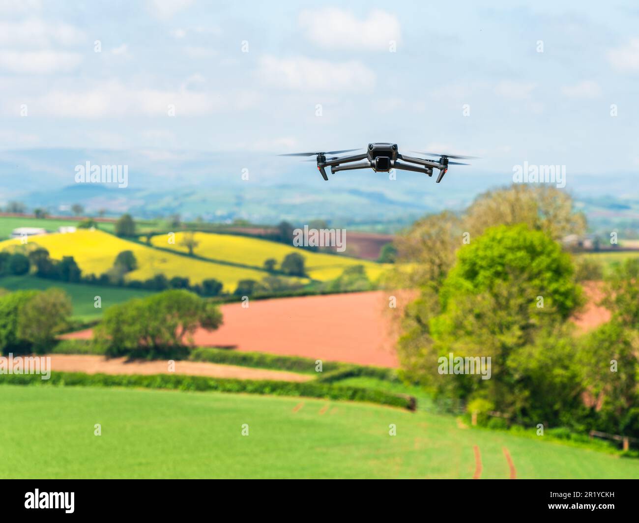 Drone in flight over fields and farms, Devon, England Stock Photo - Alamy