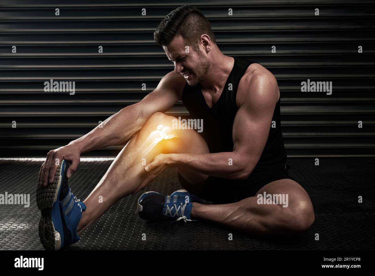 Fitness, knee pain and injury with man in gym for inflammation, muscle ...