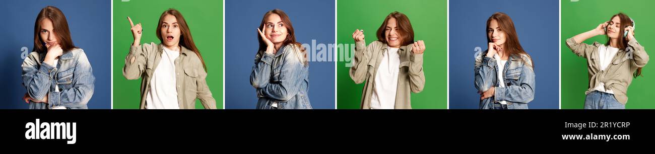 Collage made of one model portraits, charming girl in casual clothes ...