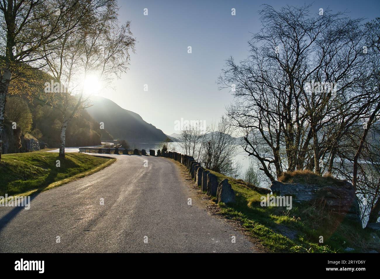 Parking lot overlooking the road, the Nordfjord and Bergen in Norway ...