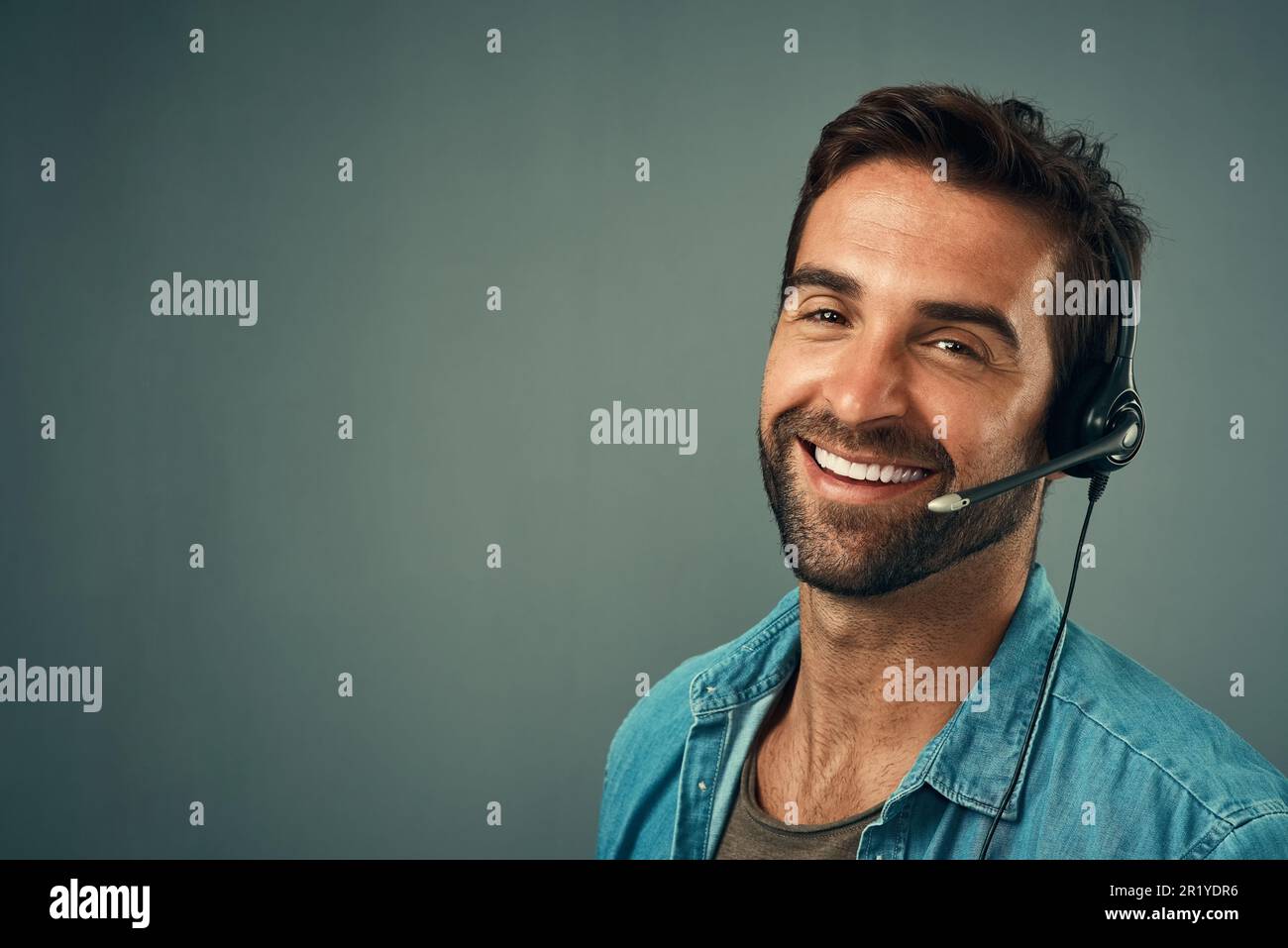 Happy man, call center and portrait of consultant on mockup space ...