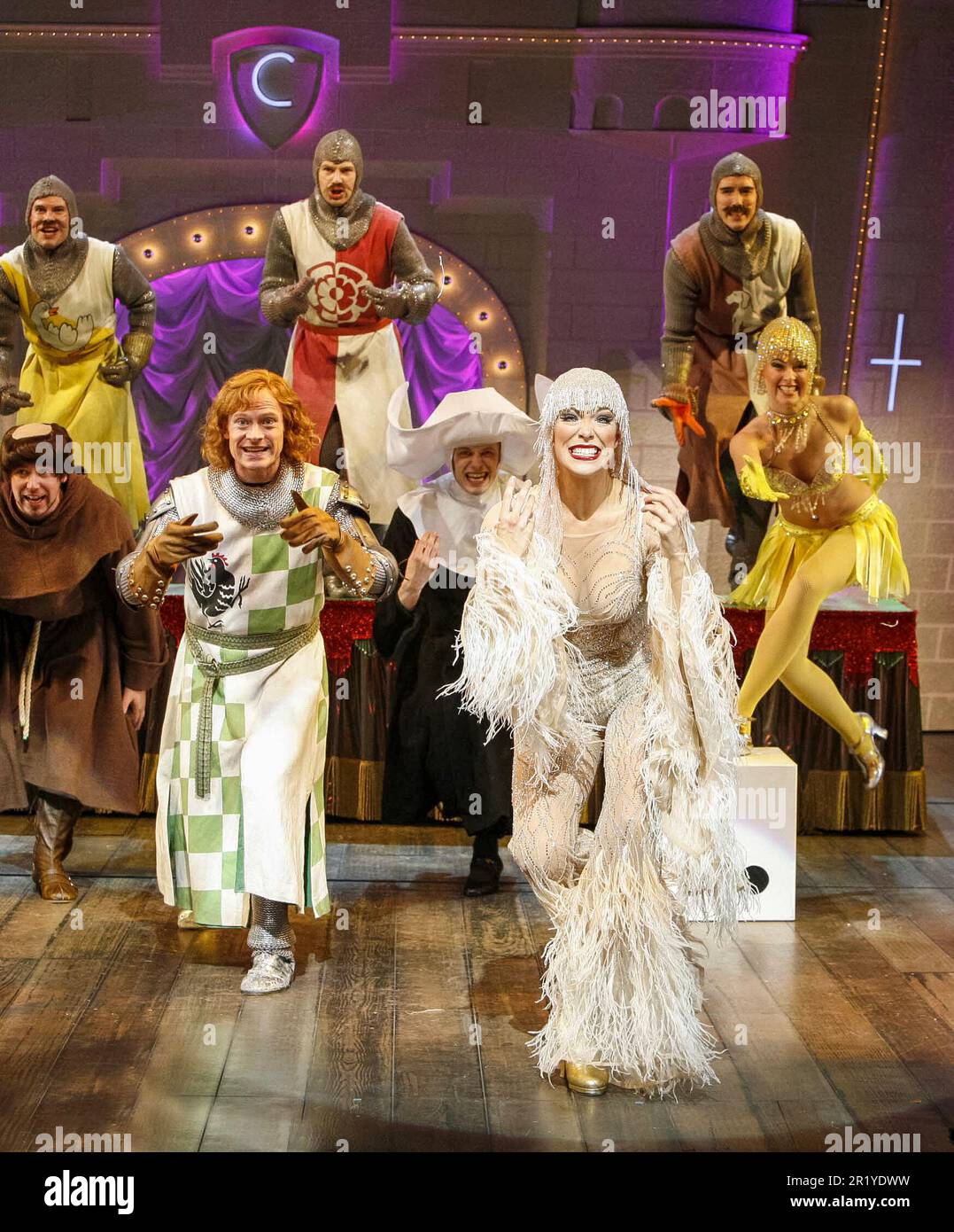 front centre: Robert Hands (Sir Robin), Hannah Waddingham (The Lady of ...