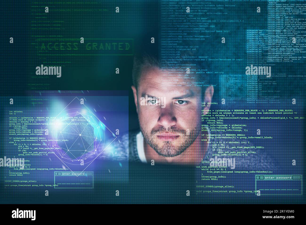 Night Hologram And Man With Focus Programmer And Code With Software Analytics And Cyber