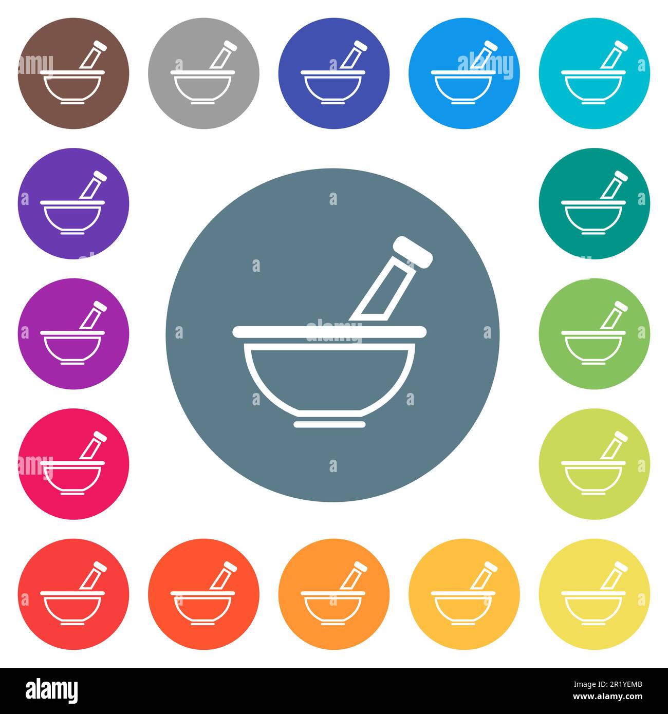 Mortar and pestle outline flat white icons on round color backgrounds. 17 background color ...