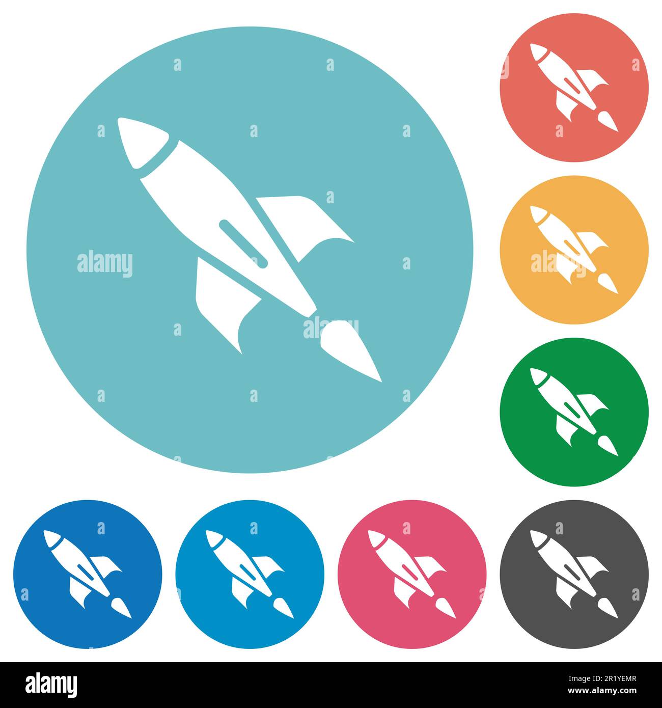 Single launched rocket flat white icons on round color backgrounds ...