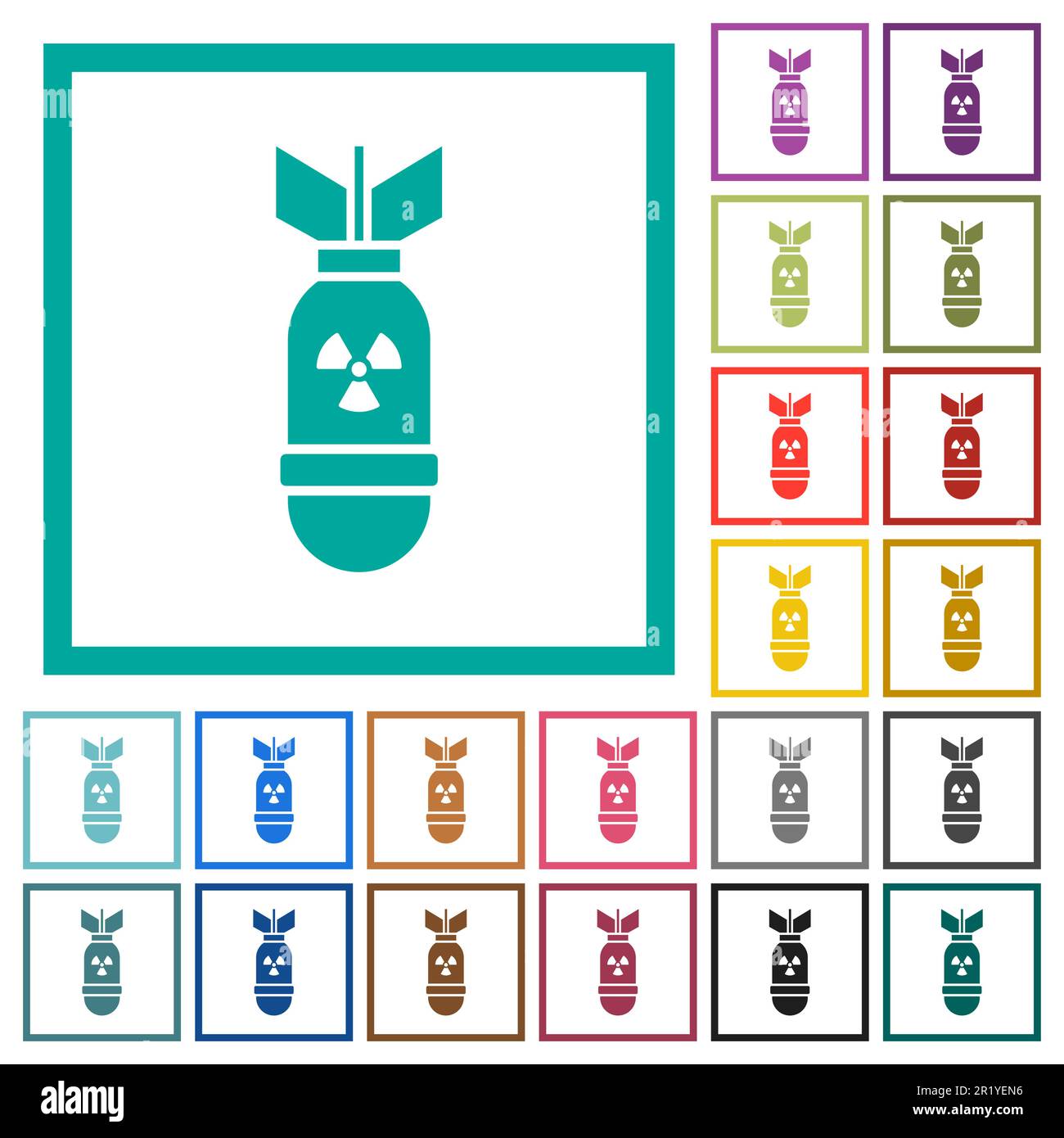 Atomic bomb flat color icons with quadrant frames on white background ...