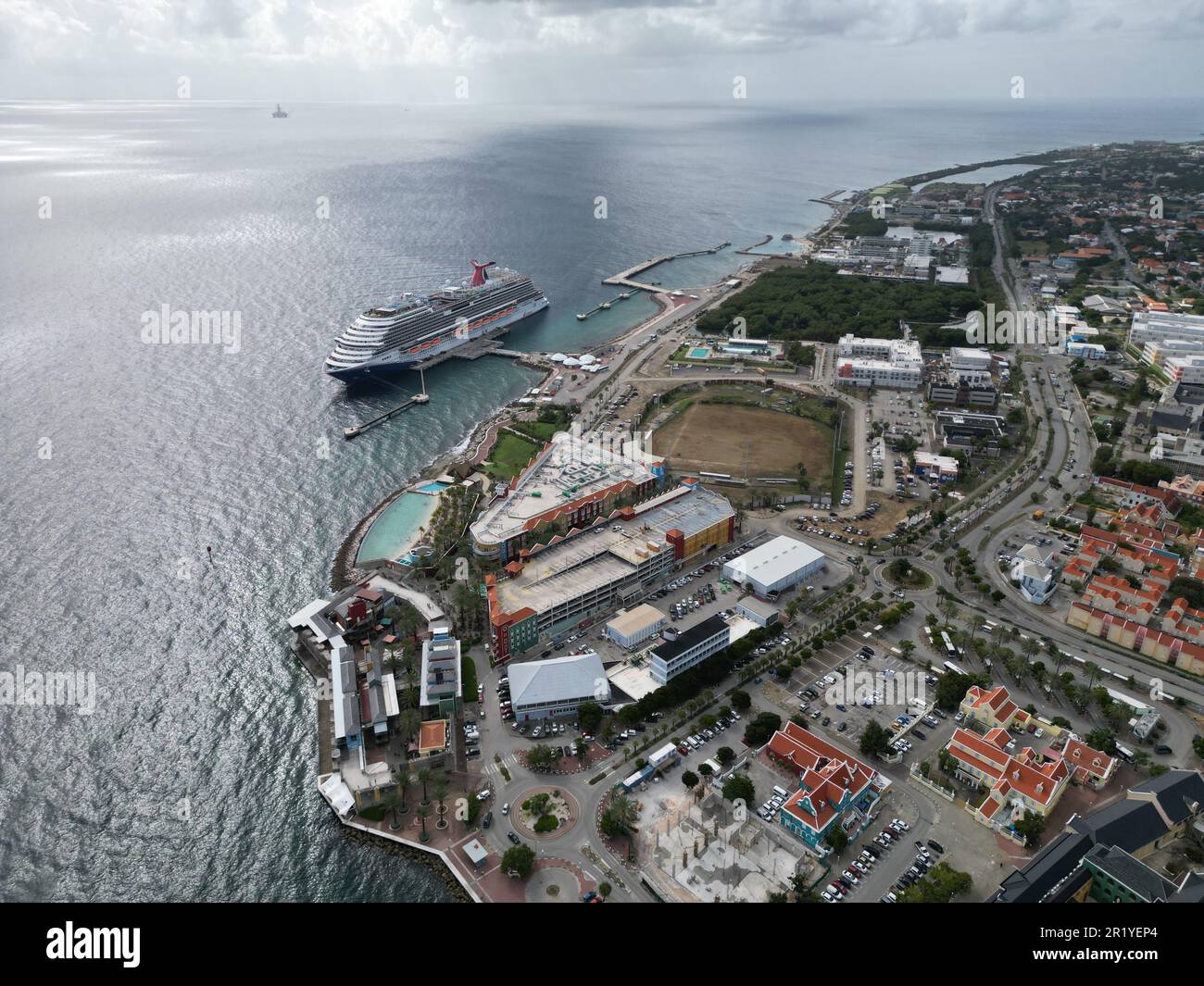 Cruise ships sailing off the coast of Curacao, a tropical Dutch island ...