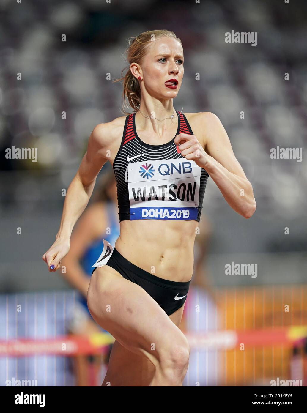 Sage WATSON running the 400m hurdles at the 2019 World Athletics Championships in Doha Stock ...
